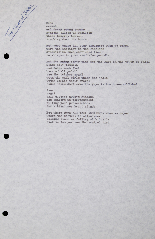 BERNIE TAUPIN ELTON JOHN "TOWER OF BABEL" ORIGINAL WORKING LYRICS