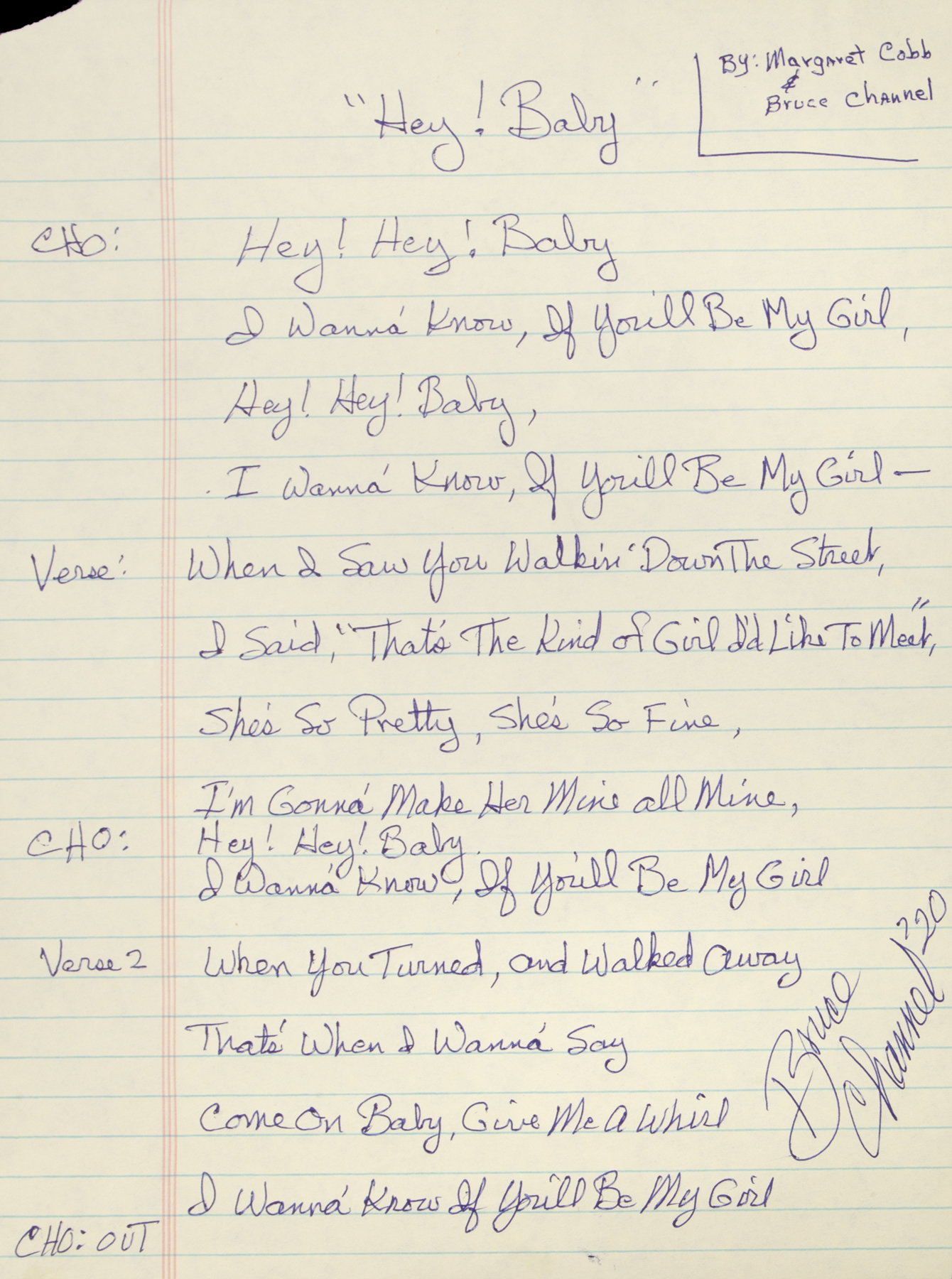 BRUCE CHANNEL HANDWRITTEN LYRICS TO THE SONG "HEY! BABY" ALSO RELEASED ...