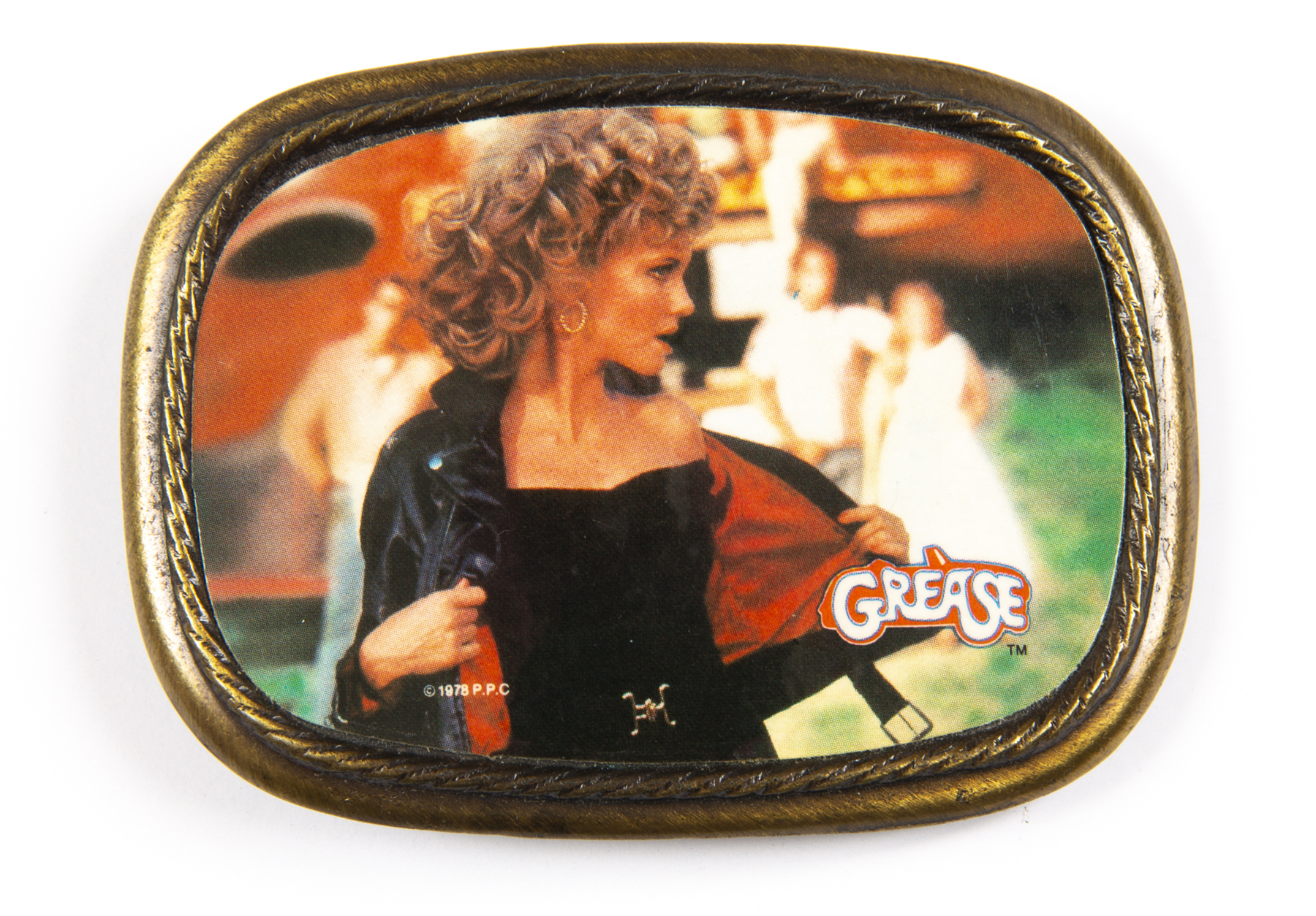 OLIVIA NEWTON-JOHN VINTAGE GREASE BELT BUCKLE AND SIGNED IMAGE