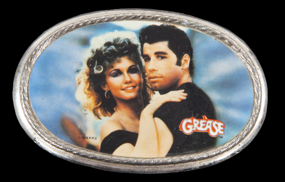 OLIVIA NEWTON-JOHN VINTAGE GREASE BELT BUCKLE AND SIGNED IMAGE
