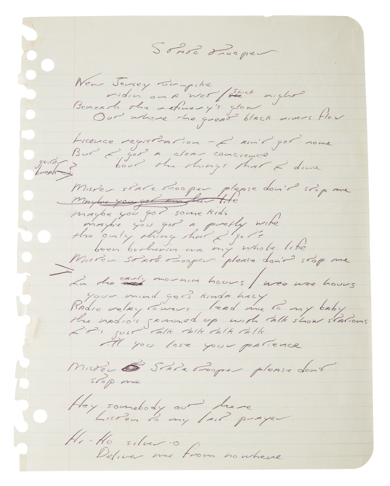 BRUCE SPRINGSTEEN: "STATE TROOPER," HANDWRITTEN LYRICS