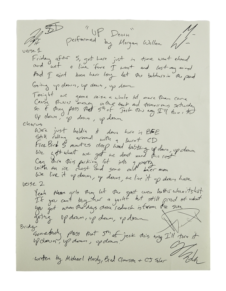 MORGAN WALLEN/FLORIDA GEORGIA LINE: "UP DOWN" SIGNED HANDWRITTEN LYRICS