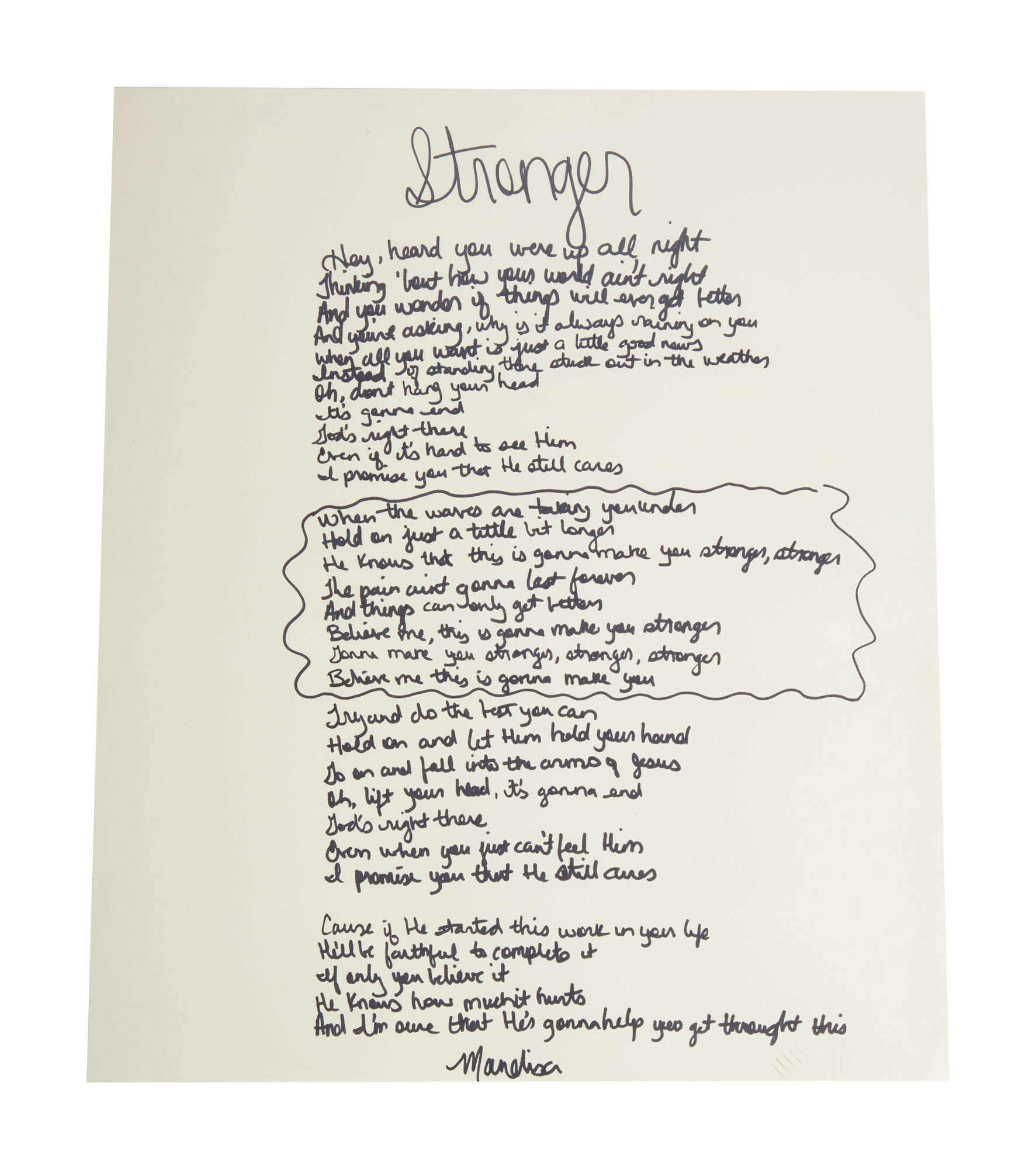 MANDISA | SIGNED "STRONGER" HANDWRITTEN LYRICS