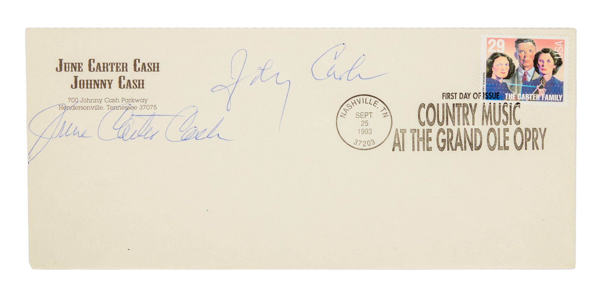 JOHNNY CASH AND JUNE CARTER CASH | SIGNED 1993 ENVELOPE WITH THE CARTER ...