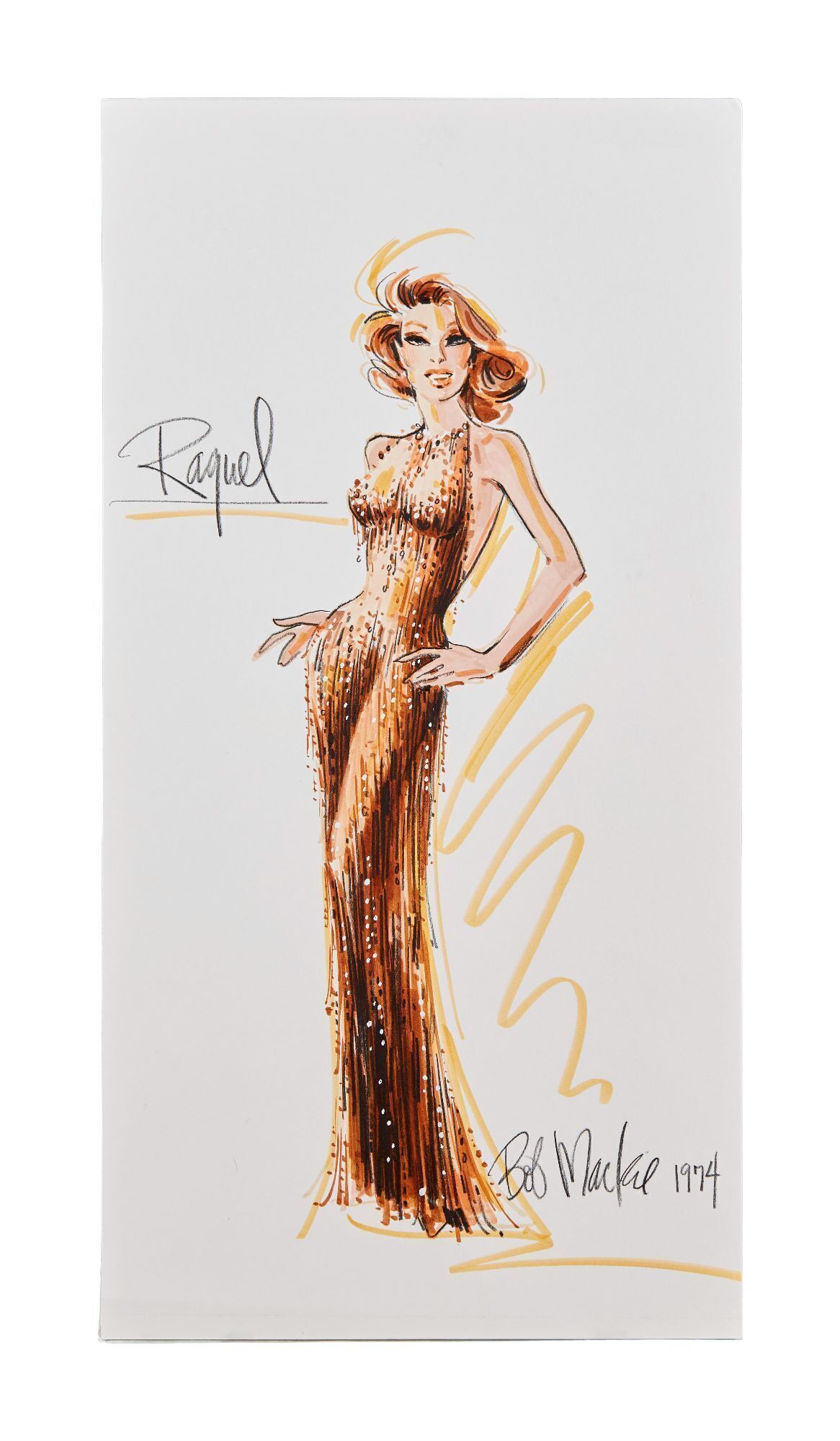 Raquel Welch Bob Mackie 1974 Nude Illusion Beaded Gown Illustration