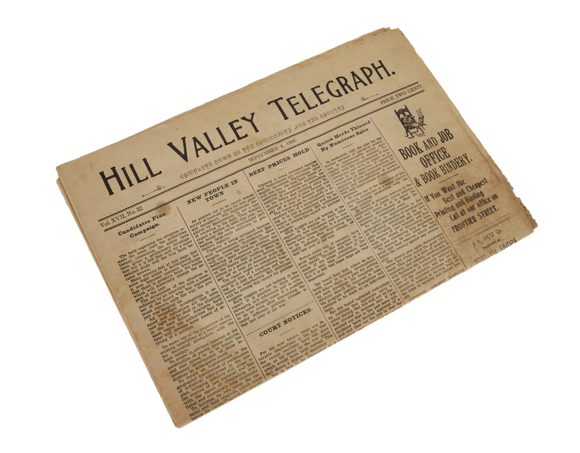 Back to the Future Part III | 1885 Hill Valley Telegraph Newspaper Prop