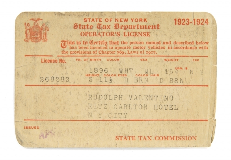 RUDOLPH VALENTINO SIGNED 1923 DRIVER'S LICENSE